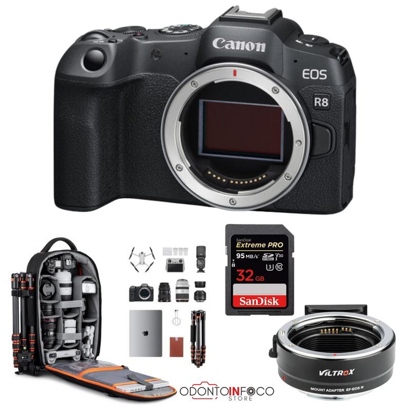 CORPO CÂMERA CANON EOS R8 + CARD DE MEMÓRIA 32GB + ADAP. LENTE CANON E